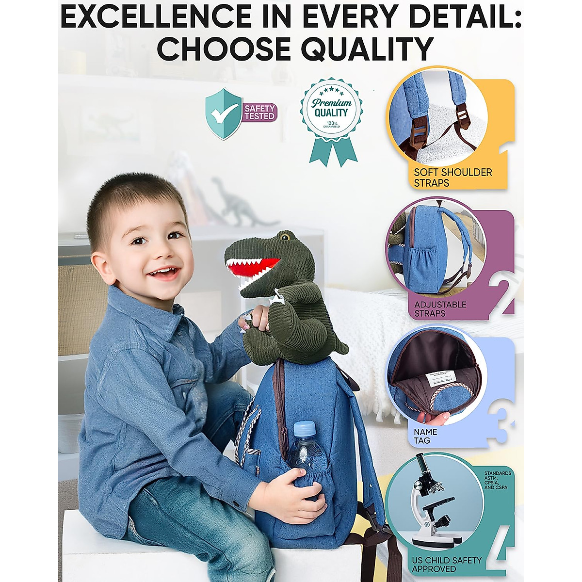 Naturally KIDS Dinosaur Backpack, Dinosaur Toys for Kids 3-5, 2 Year Old Boy Birthday Gift, Toddler Backpack Boys Girls