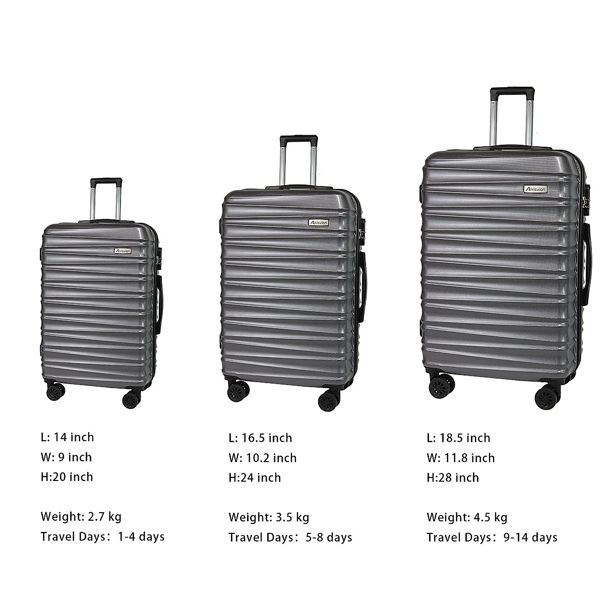 Aklsvion Luggage Sets 3 Piece(20/24/28)-Suitcase Set- Luggage with Wheels-PC + ABS Durable Lightweight Rotating hardshell suitcase 5PCS (Metallic Grey)…