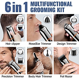 PRITECH Beard Trimmer,6 in 1 Kit Electric Hair Clipper,Cordless Nose Trimmer Mens Grooming Trimmer for Beard Head Face and Body Waterproof IPX6 USB Rechargeable LED Power Display