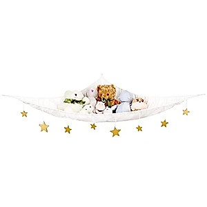 Mkono Stuffed Animal Toy Hammock Hanging Macrame Stuffed Animals Storage Net with Wooden Stars Decorations Boho Large Corner Plush Toys Holder for Nursery Playroom Kids Room Organizer, White