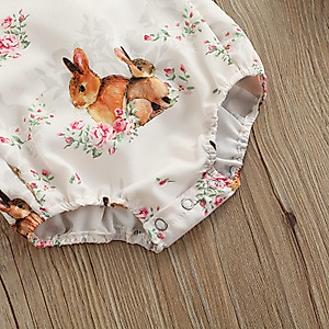 RSRZRCJ Infant Baby Girl Easter Clothes Cute Rabbit Strappy Suspender Overall Ruffle Romper Jumpsuit Bodysuit One Piece (Two Rabbits with Flowers, 0-6 Months)