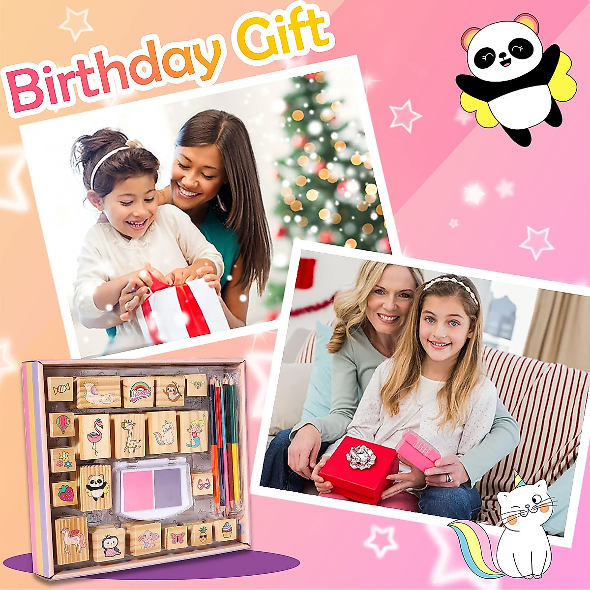 Unicorn Wooden Stamp and Sticker Set for Girls, Unicorn, Mermaid, Panda, Alpaca, Sloth, Cats, Rainbow, Butterfly Stamps, Activity Craft Set for Girls Boys Kids Gift Ages 4 5 6 7 8 9 10 Years Old