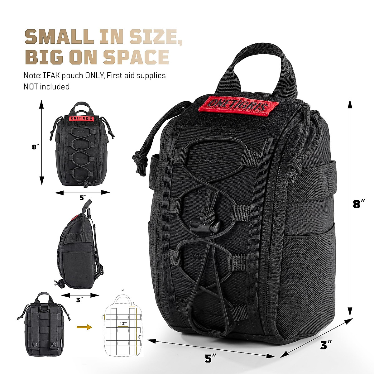 OneTigris IFAK Molle Pouch - Tactical First Aid Bag Medical Admin Pouches Trauma Kit Bag EMT MED Belt Backpack with D-Ring Hook for Outdoor Activities and Emergency Uses (Empty Bag)