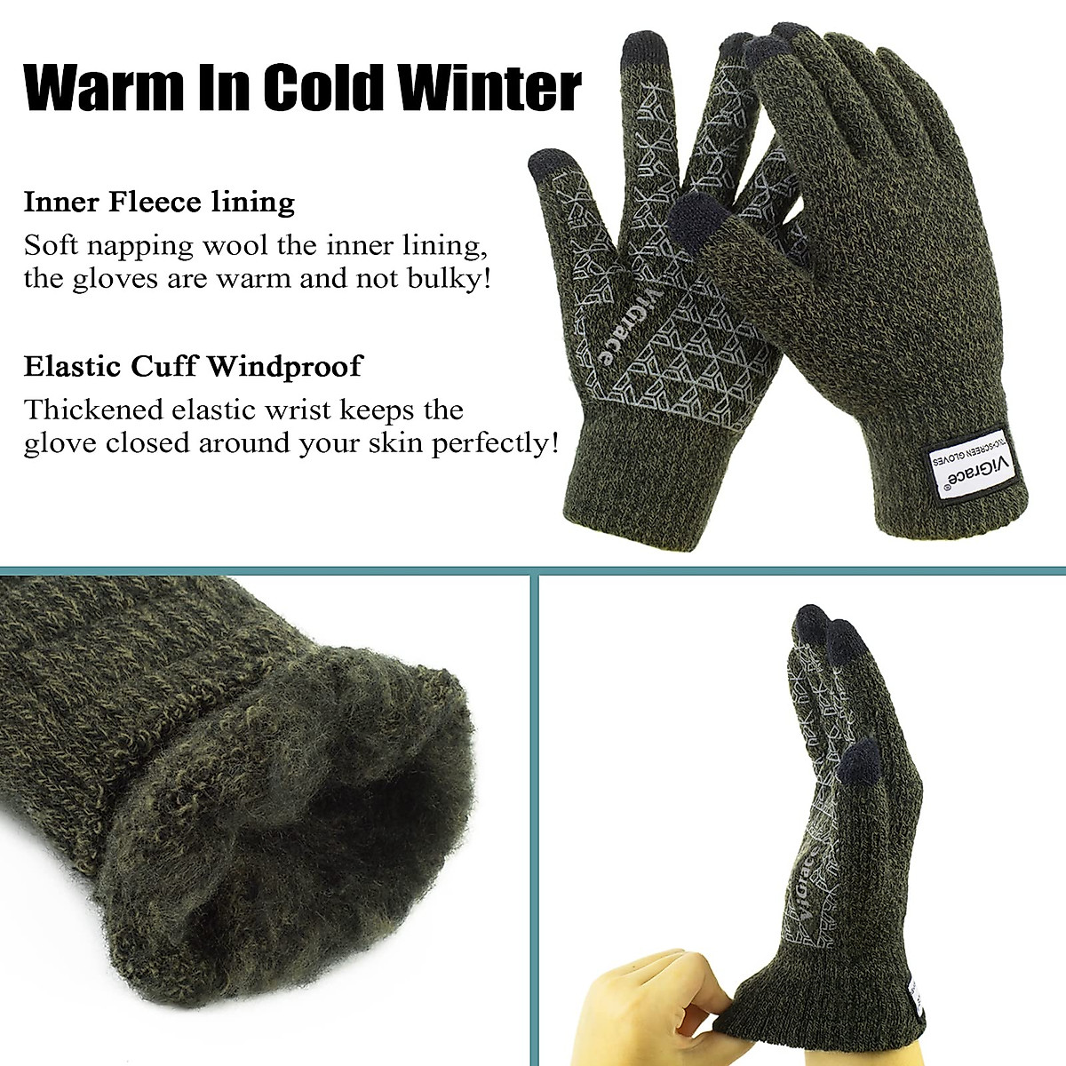 ViGrace Winter Warm Touchscreen Gloves for Men and Women Touch Screen Fleece Lined Knit Anti-Slip Wool Glove (Dark Gray, Medium)