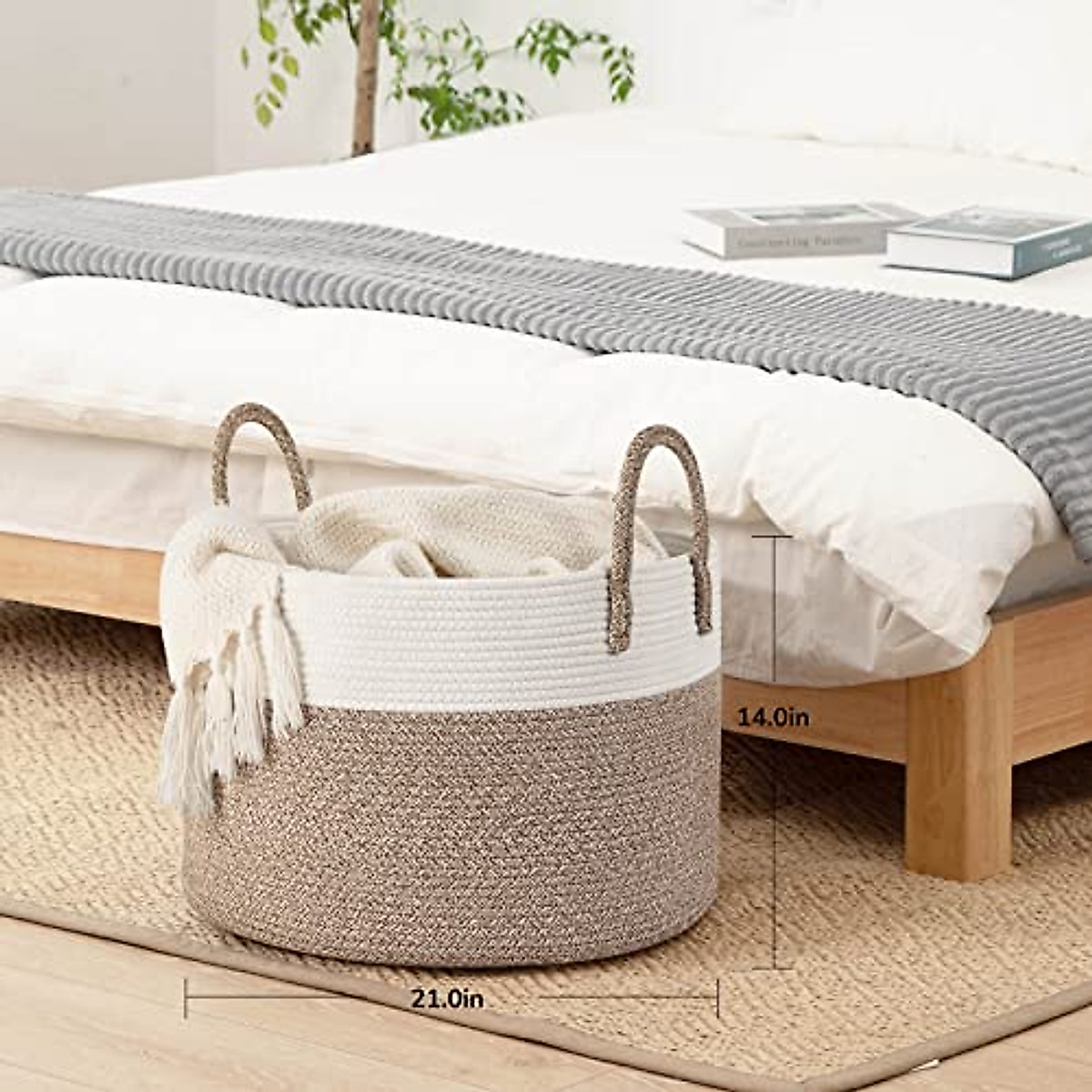 INDRESSME Cotton Rope Basket Extra Large Woven Basket for Blankets Toy Basket Baby Laundry Basket with Big Handles Rope Hamper Storage Bin for Organizer Toy Pillow Living Room, 21 D x 14 H Inches