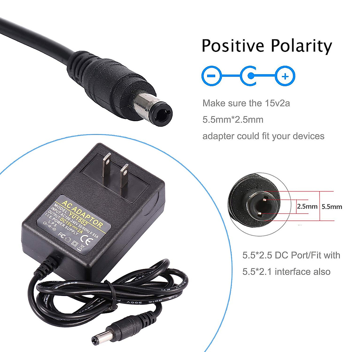 15V 2A Power Supply Adapter - COOLM AC 100-240V 50-60hz DC 15 Volt 2 amp 30W Charger Transformer Interface Size 5.5x2.5mm 15V/2A 2000mA