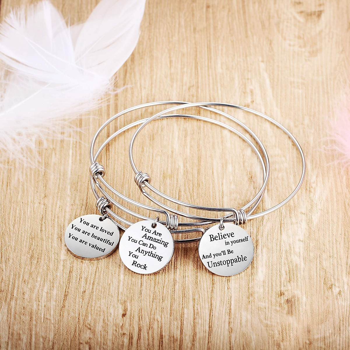 Jvvsci 3PCS Stainless Steel Inspirational Charm Bracelets Jewelry Set Engraved Message Motivational Expendable Bangles for Women Girls