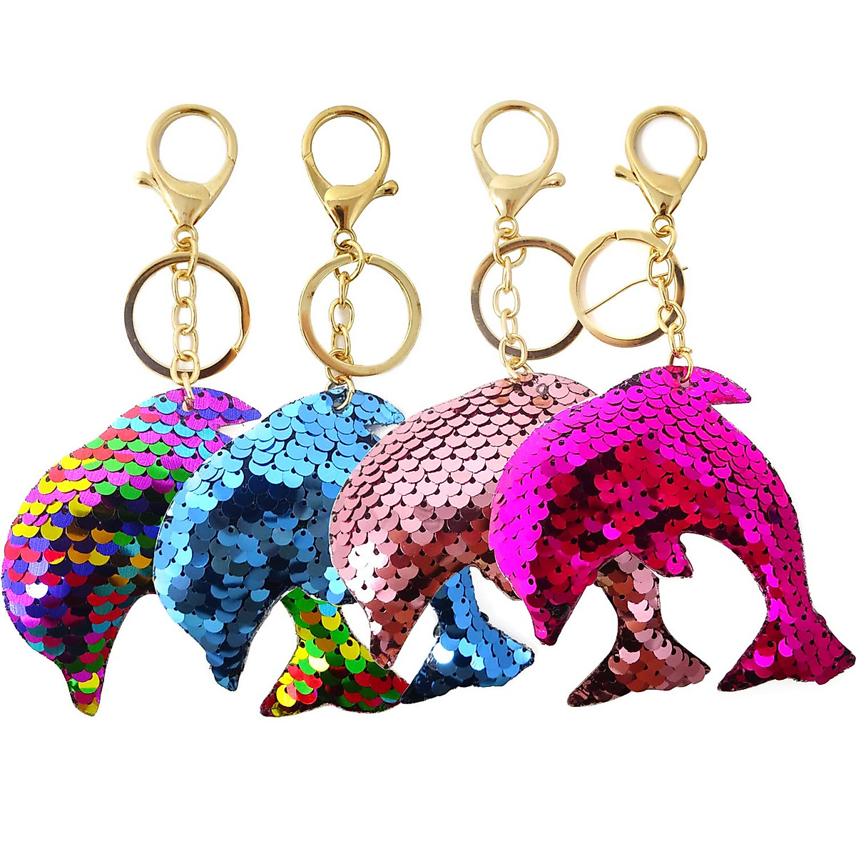 Honbay 4PCS Sparkly Sequins Keychains Ocean Theme Animal Dolphin Shaped Keychains Party Favors Car Keychain Handbag Hanging Ornament Backpack Keychain, for Birthday, Wedding, Christmas, etc