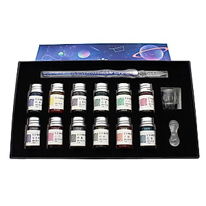 XIAOYU Glass Dip Pen Set, Calligraphy Pen Set, Happy Planet Glass Pen Set, 15-Piece Kit, Crystal Glass Pen & Pen Holder & Cleaning Cup & 12 Bottle Ink, Purple