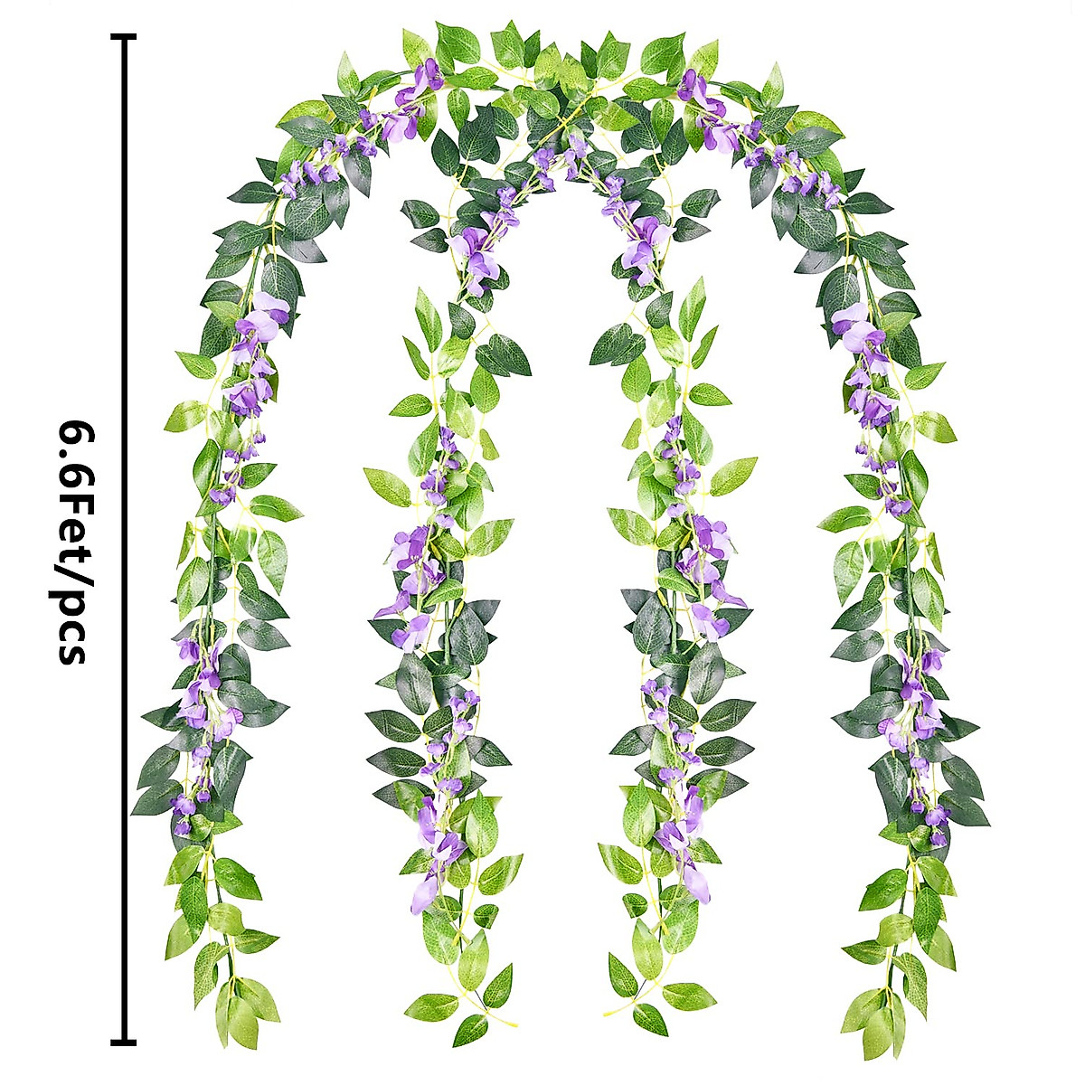 Sunm Boutique 4Pcs 6.6FT Artificial Flowers Silk Wisteria Garland Artificial Wisteria Vine Rattan Silk Hanging Flower Purple Wisteria Vine Flower for Home Garden Ceremony Wedding Arch Floral Decor