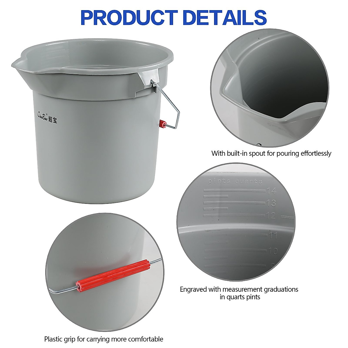 Begale 3.5 Gallon Commercial Cleaning Pail, Plastic Round Car Wash Bucket with Handle, Gray, Pack of 4