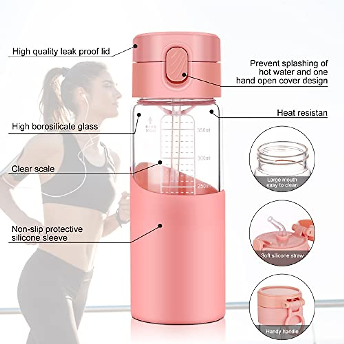 Glass Water Bottle with Straw,Handle Lid and Measurement Scale Silicone Sleeve , Portable Transparent Leak Proof Handy Cup Container for Sport Outdoors Vacation Travel Office ,450ML/15oz (Pink)