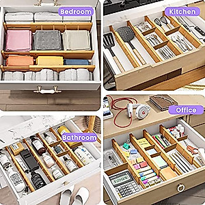 NuStar Technology 6 Pack Bamboo Drawer Dividers with 12 inserts – 16.3-22 Inches Expandable and Adjustable Drawer Dividers for Baby Clothes, Kitchen, Office, Organizer, with Non-Skid Grip