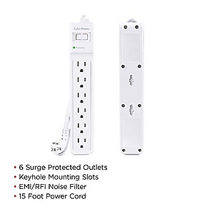 CyberPower B615 Essential Surge Protector, 1500J/125V, 6 Outlets, 15 ft Power Cord, White