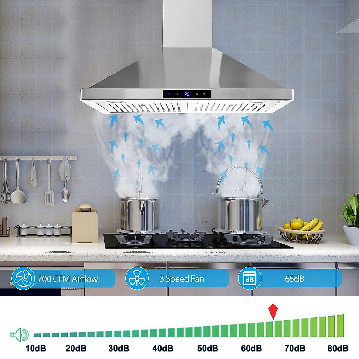 Tieasy Wall Mount Range Hood 30 inch Kitchen Hood 700 CFM with Ducted/Ductless Convertible Duct, Touch Control, Permanent Filters, Stainless Steel, 3 Speed Exhaust Fan, LED Light