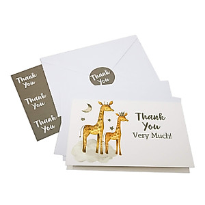 36 Safari Thank You Cards Boxed With Envelopes and Stickers, Kids or Baby Shower Thank You Note, Jungle Greenery Gold 4x6 Varied Zoo Animal Giraffe Gratitude Card Pack For Party, Girl Boy Children Birthday Stationery