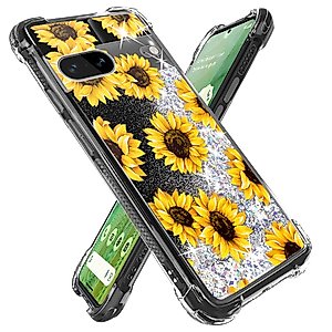 Miss Arts for Pixel 7 Case,Girls Women Flowing Liquid Holographic Holo Glitter Shock Proof Case with Floral Design Bling Diamond Bumper for Google Pixel 7 -Sunflower