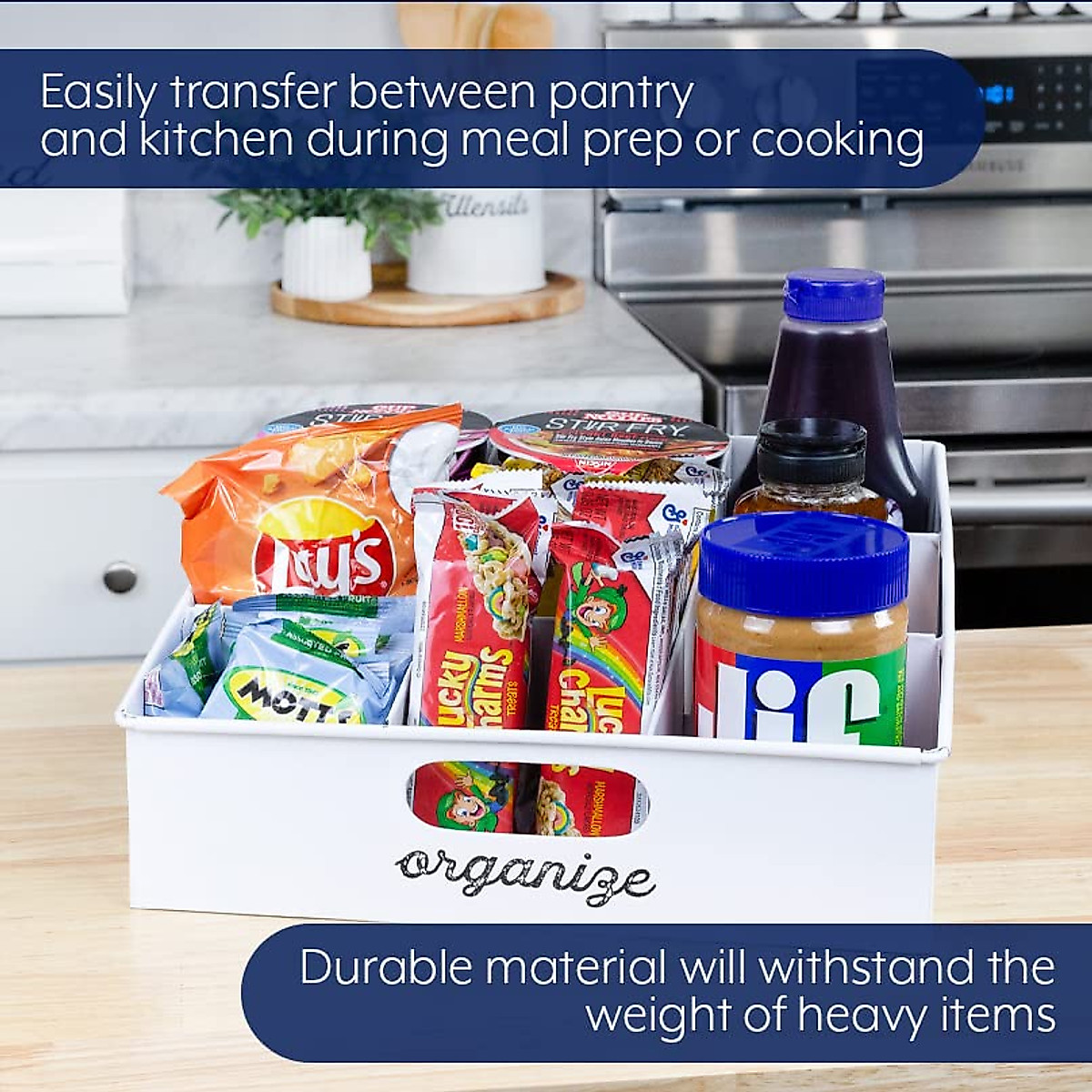 AuldHome Enamelware Farmhouse Snack Caddy (White); Rustic Countertop Storage Container with Dividers