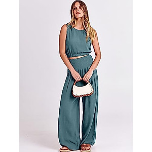 ANRABESS 2 Piece Summer Outfits for Women Casual Lounge Matching Sets Linen Crop Top Long Smocked Waistband Pants Jumpsuits Summer Vacation 2023 Fashion Clothes A1093hulv-M