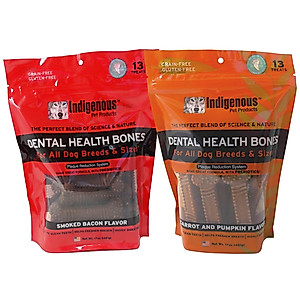 Indigenous Grain Free Dental Health Bones 2 Flavor Variety Bundle: (1) Smoked Bacon Flavor, and (1) Carrot & Pumpkin Flavor, 17 Oz. Ea.