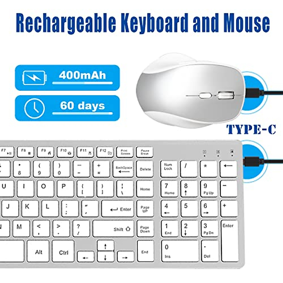 Wireless Keyboard and Mouse Combo Rechargeable USB Cordless Slim Compact Keyboard with Numeric Keypad and Ergonomic Silent Computer Mouse Set for Windows,PC,Laptop,MacBook,Chromebook-Silver White