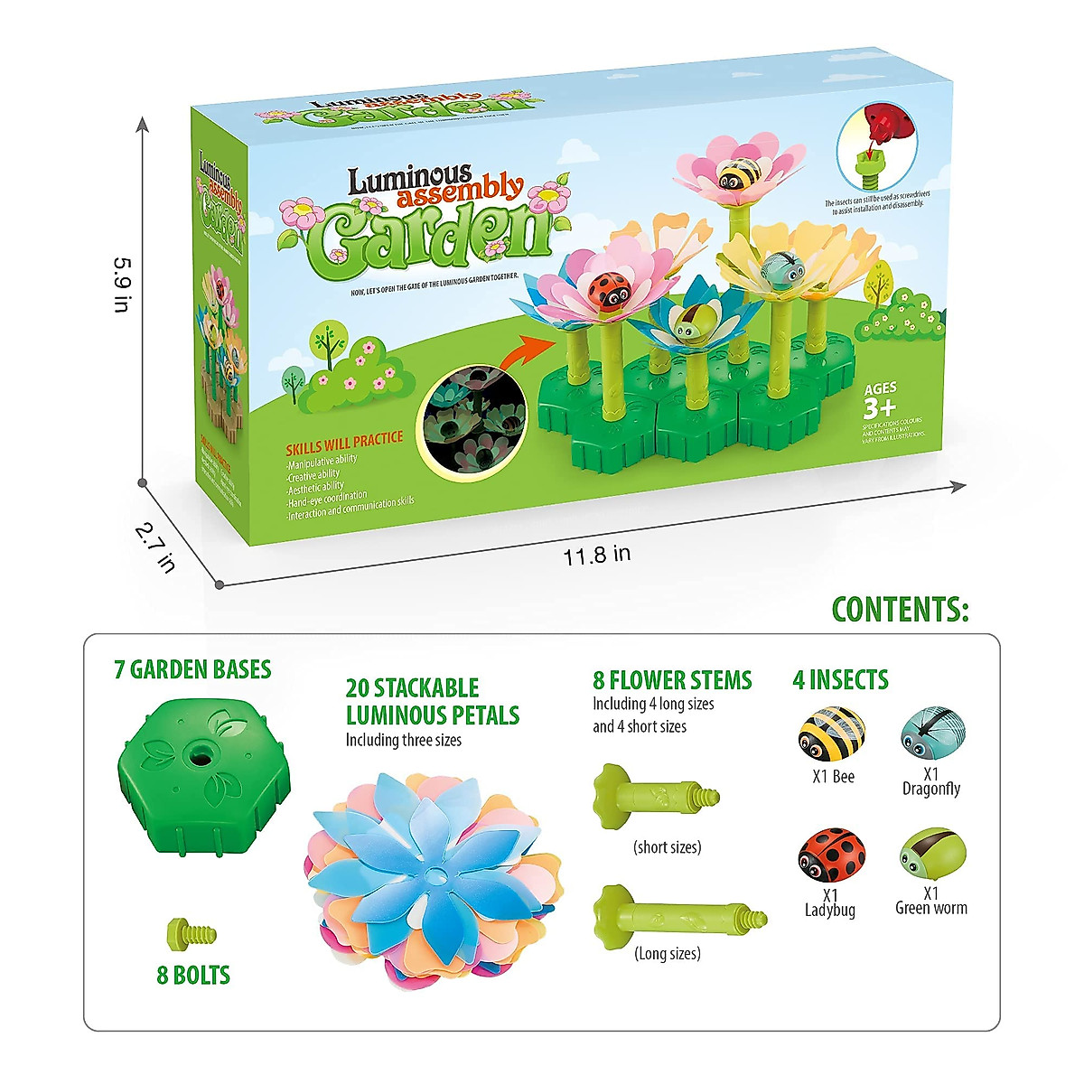HamburBaby Luminous Assembly Garden Flower Building Toys, Take Apart & DIY Educational Activity Play Set, Glow in The Dark, Develop STEM Ability, for Preschool Boys Girls Ages 3+ (Green)