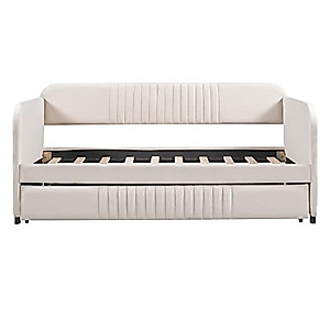 ERYE Twin Size Upholstered Daybed Sofa Bed with Trundle Bed and Wood Slat,Velvet Upholstery Twin Upholstered Bed for Boys and Girls,Beige Gray Light Blue