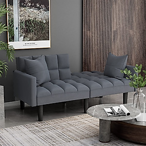 JUMMICO Modern Tuft Futon Sofa Bed Couch Convertible Loveseat Sleeper Reclining Futon Twin Size with Arms and 2 Pillows for Living Room (Blue)