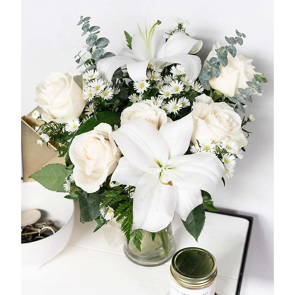 From You Flowers - With All Our Sympathy Lily Arrangement with Glass Vase (Fresh Flowers) Birthday, Anniversary, Get Well, Sympathy, Congratulations, Thank You