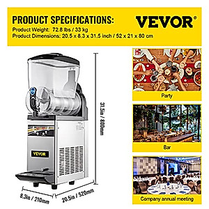 VEVOR Commercial Margarita Machine, 1Tank 15L Commercial Slushy Machine, Stainless Steel Smoothie Frozen Drink Maker, 500W 110V for Supermarkets Cafes Restaurants Bars Home Use