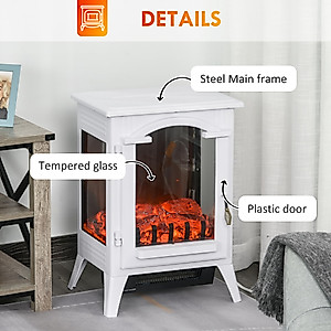 HOMCOM 23" Electric Fireplace Heater, Fire Place Stove with Realistic LED Flames and Logs and Overheating Protection, 750W/1500W, White