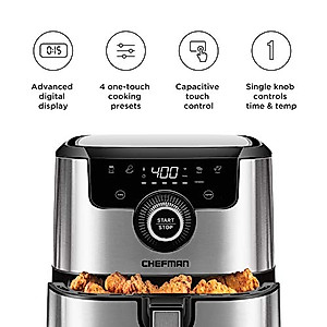 CHEFMAN Air Fryer Healthy Cooking, 4.5 Qt,User Friendly and Dual Control Temperature, Nonstick Stainless Steel, Dishwasher Safe Basket, w/ 60 Minute Timer & Auto Shutoff