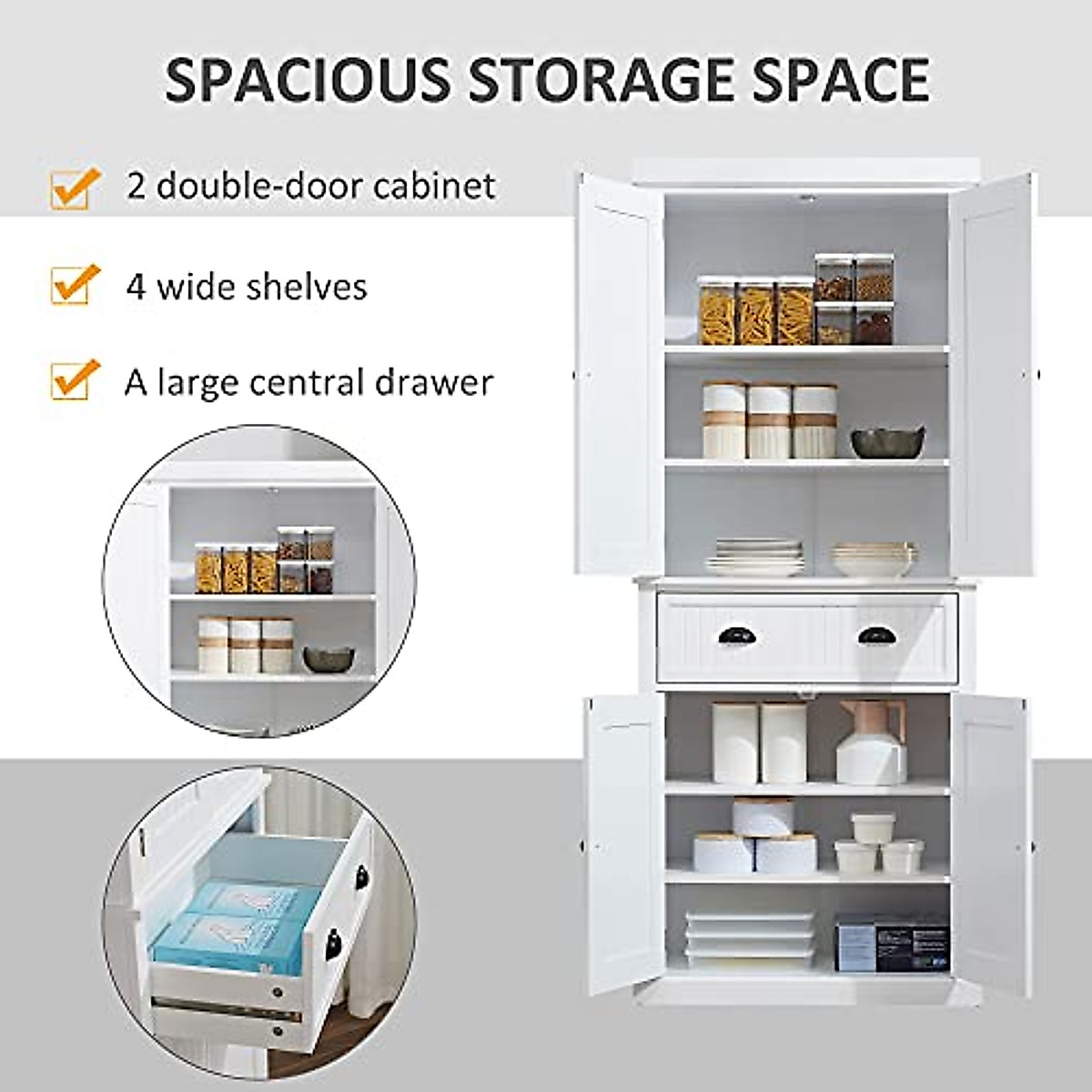 HOMCOM 72" Traditional Freestanding Kitchen Pantry Cabinet Cupboard with Doors and 3 Adjustable Shelves, White