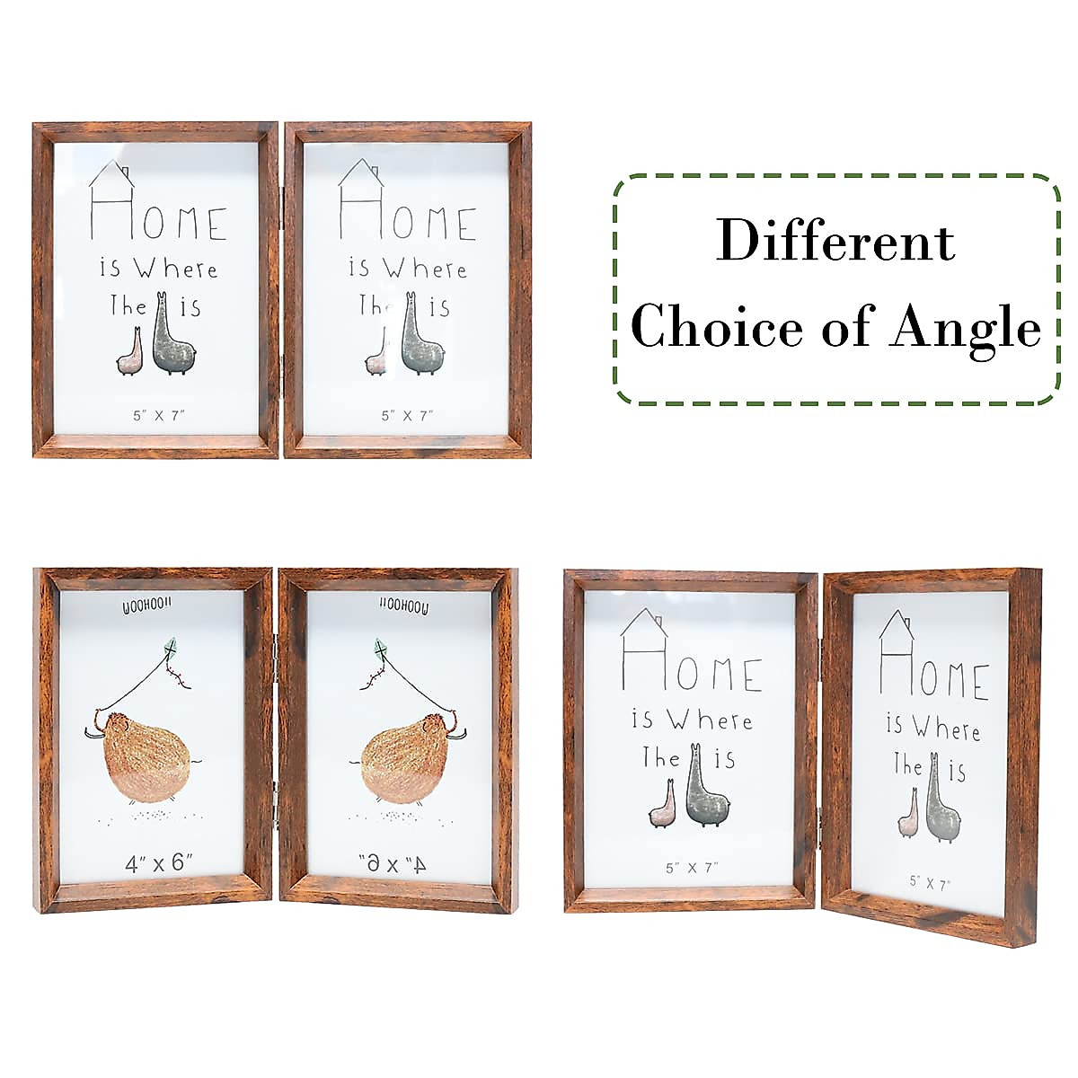 TOFOREVO 4x6 Double Picture Frame Rustic Brown Wooden Hinged Beveled Photo Frame Definition Glass 2 Vertical Openings Stand on Desktop Tabletop