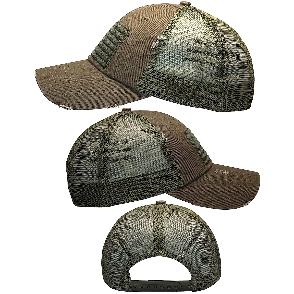 Antourage American Flag Unconstructed Hat for Men and Women Twill Mesh Snapback Baseball USA Flag Cap + 2 Patriotic Patches ((02) Olive Distressed Mesh Snapback)