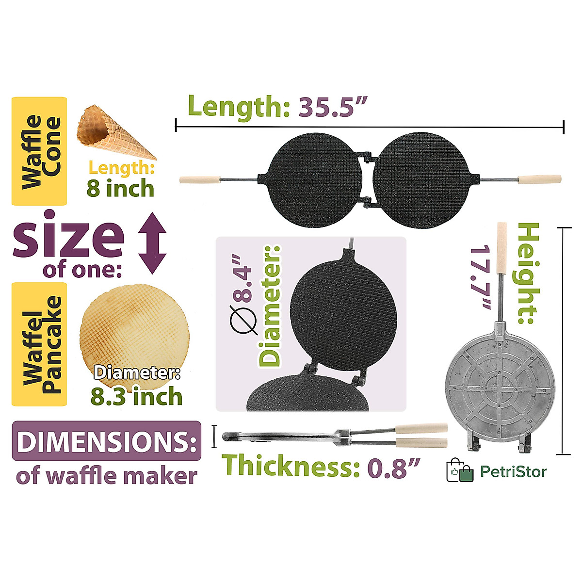 PetriStor Waffle Maker Round Has Nonstick Coating Size 8 in - Waffle Cone Maker - Krumkake Iron - Wafer Maker - Waffle Cone Maker Machine - Stroopwafel Maker - Ice Cream Cone Maker