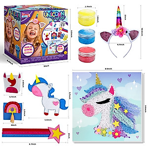 Klever Kits Unicorn Gifts Girls DIY Craft Kit Including 1 Large String Art Board, 1 Unicorn Flower Headband, 3 Unicorn Glitter Slime and Unicorn Sewing Kits, Art & Crafts Project Kit for Kids Girls