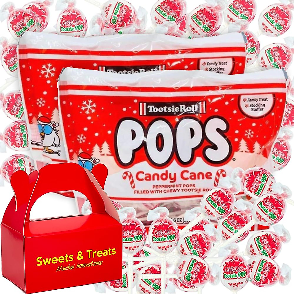 Candy Cane Lollipop | Peppermint Pops Filled with Chewy Tootsie Roll | Gluten & Peanut Free | Christmas Holiday Snack Stocking Stuffer Beverage Stirrer Craft Deco Gift | Muchai Treat Box (2 Bags)