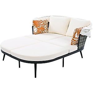 Merax 74.8" L Outdoor Daybed with Retractable Canopy Mattress Included, Patio Rattan Back Loveseat Sofa, Day Bed Throw Pillows and Cushions Set for Backyard, Poolside, Garden, Beige