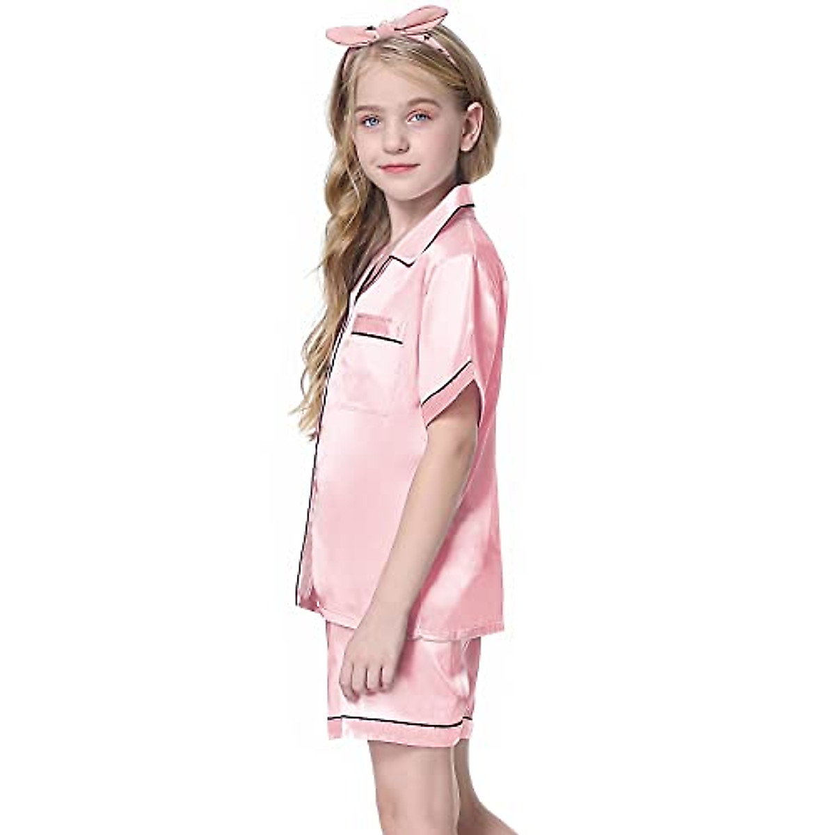 Silk Pajamas for Women, 2 Pcs Comfy Sleepwear Short Sleeve Button Down Sexy Satin Summer Soft Pjs Set, Pink, Medium