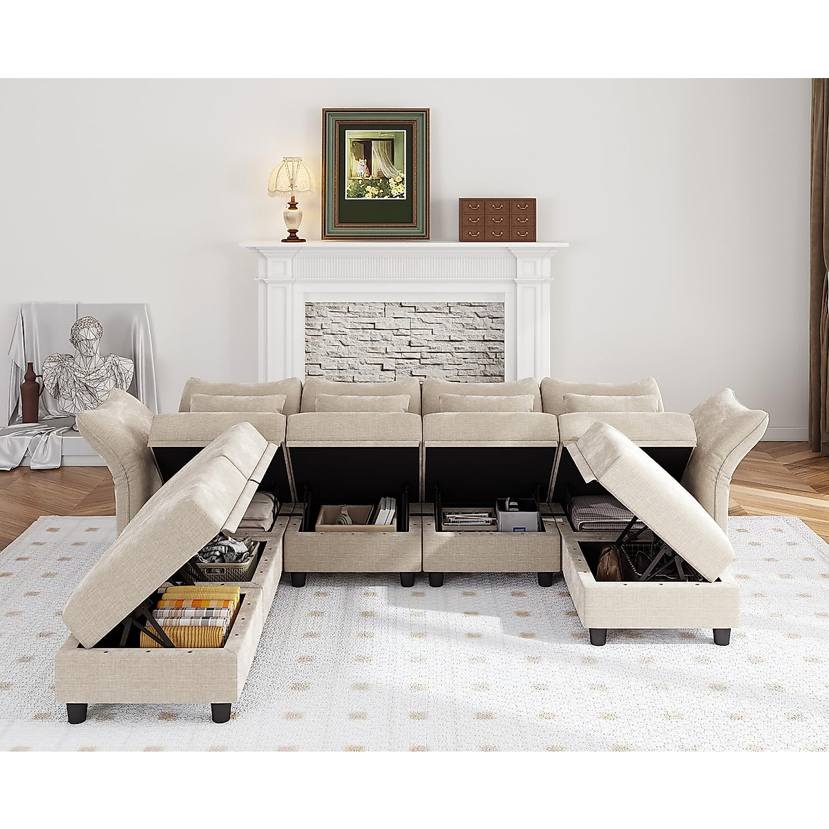 LLappuil 7 Seater Sectional Sofa Couch U Shaped Chenille Modular Sofa for Living Room with Ottoman, Adjustable Armrest/Backrest, 114.2" Width, Khaki