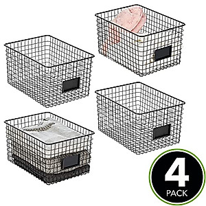 mDesign Large Metal Farmhouse Storage Organizer Bin Baskets with Label Slot for Closet, Cabinet, Cupboard - Wire Organizing Basket Holds Clothing, Linens, Shoes, Omaha Collection, 4 Pack, Matte Black