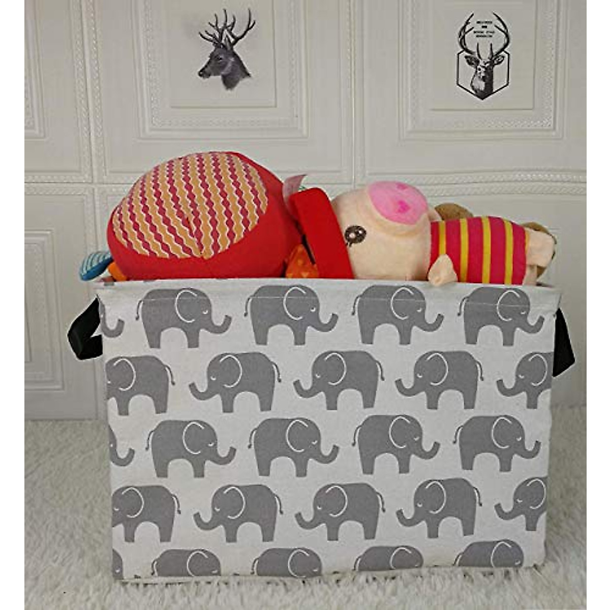 Rectangular Storage Bin Canvas Fabric Storage Basket,Waterproof Coating Toy Organizer with Handles,Gift Basket for Home,Office,Clothes,Toy,Shelf Basket(REC Elephant)