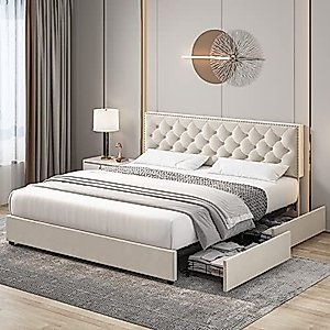 HOSTACK King Size Bed Frame with 4 Storage Drawers, Modern Upholstered Platform Bed with Adjustable Headboard,Button Tufted Bed Frame with Wood Slat Support,No Box Spring Needed(Beige, King)