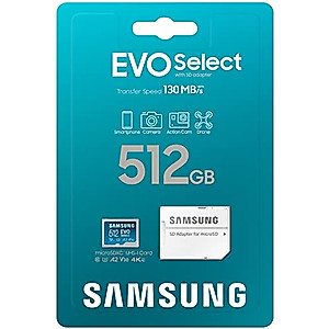 SAMSUNG EVO Select Micro SD-Memory-Card + Adapter, 512GB microSDXC 130MB/s Full HD & 4K UHD, UHS-I, U3, A2, V30, Expanded Storage for Android Smartphones, Tablets, Nintendo-Switch (MB-ME512KA/AM)