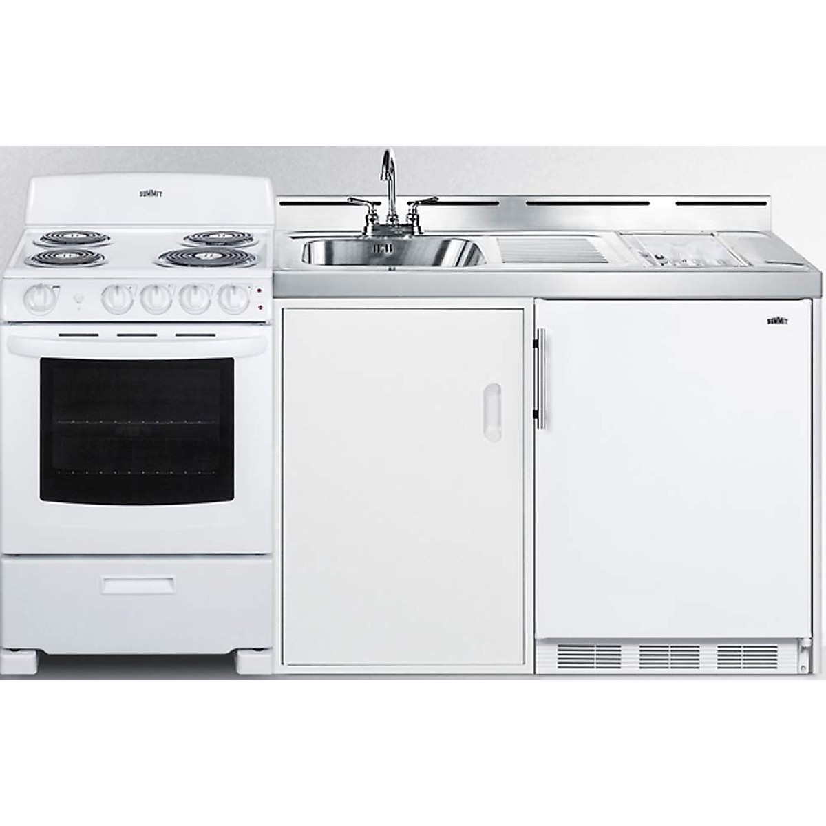 Summit Appliance ACK72COILW 72" Wide All-in-One Kitchenette with 220V 4-Element Electric Coil Range, Refrigerator-Freezer, Sink, Cutting Board and Cutlery Storage, and a Storage Cabinet