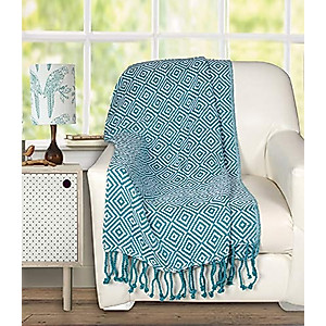 Throw Blanket With Fringes In Diamond Design 50x60 Inch - Teal White Cotton Throw For Sofa, Chair, Bed, & Everyday Use, Well crafted for durability, Farmhouse Throw,All Season Throw Blanket