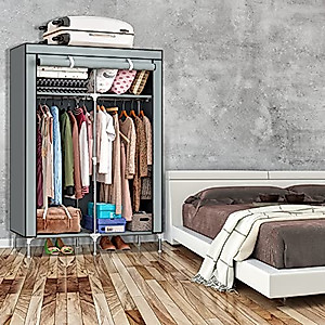 TIE-DailyNec Closet Portable Wardrobe Clothes Storage Organizer with Hanging Rails, Non-Woven Fabric Wardrobe Freestanding Storage Shelves, Durable & Easy Assembly Closet (Silver Gray)