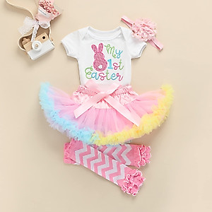 Huppeiiy Baby Girl My First Easter Skirt Set Little Sweety Bunny Flare Lace Romper Skirt+Leg Warmers+Cute Headband (Pink,0-3 Months)