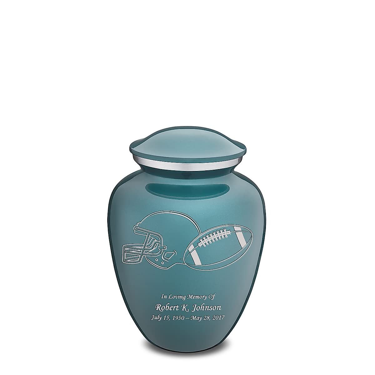 GetUrns Embrace Personalized Football Medium Cremation Urn with Custom Text Engraving for Human Ashes for Funeral, Burial, Niche or Columbarium – 44 Cubic Inches – Small Urns for Ashes (Teal)